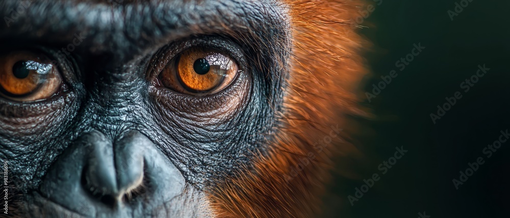 A monkey's face, closely depicted, is distinguished by orange and black ...