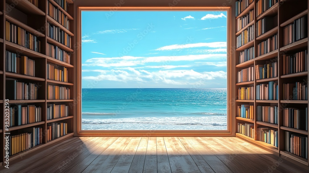 "Ocean-Themed Bookshelf Background: Home Office or Library with Beach ...