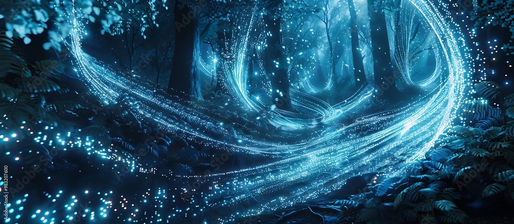 Electric currents of luminescent data swirl through a digital forest ...