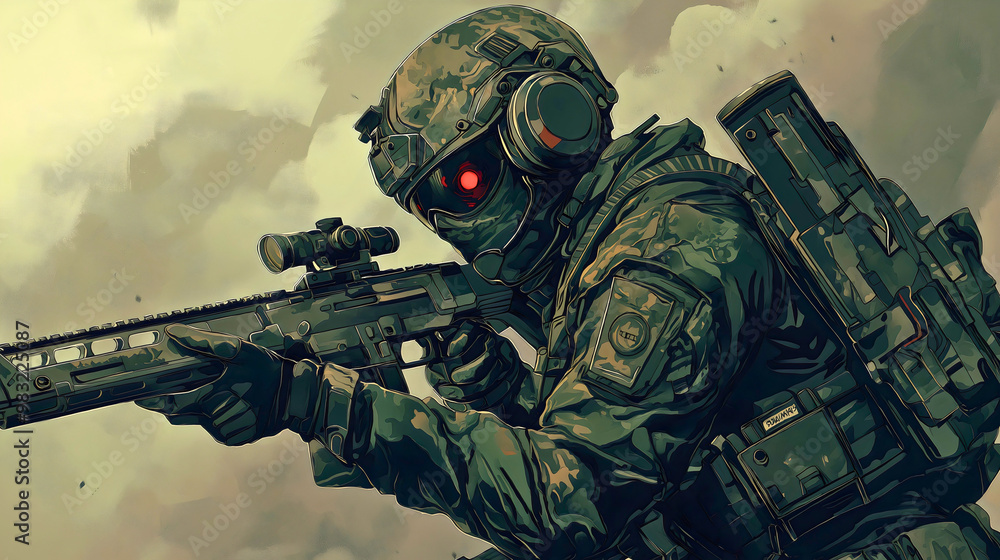 An animated soldier in full combat gear holding his rifle as he ...