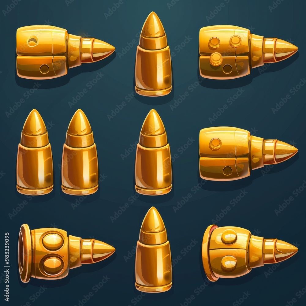 UI HUD 3D game icons of large golden bullets cartoony stylized simple ...