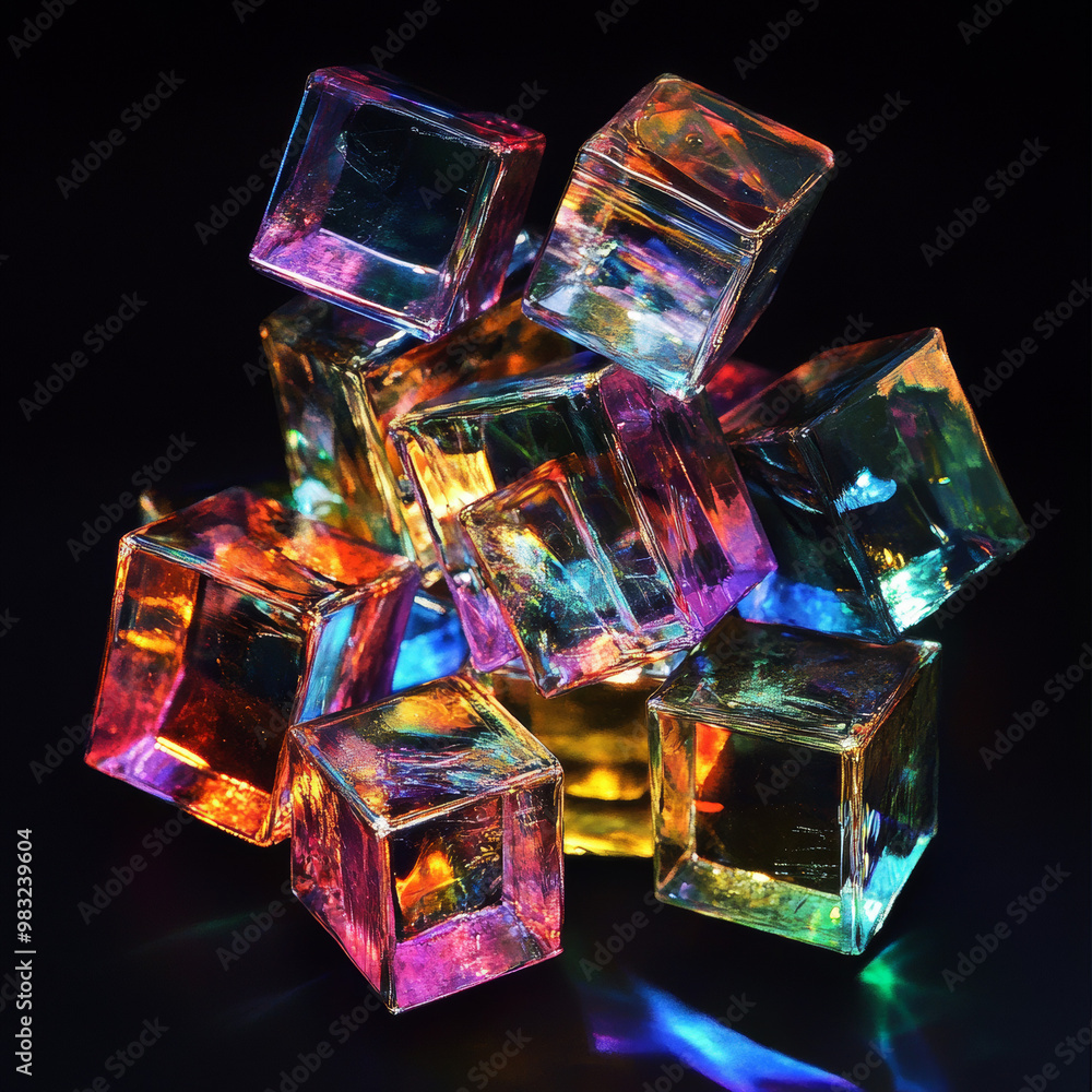 Shiny, colorful square shapes made of glass are set against a black ...