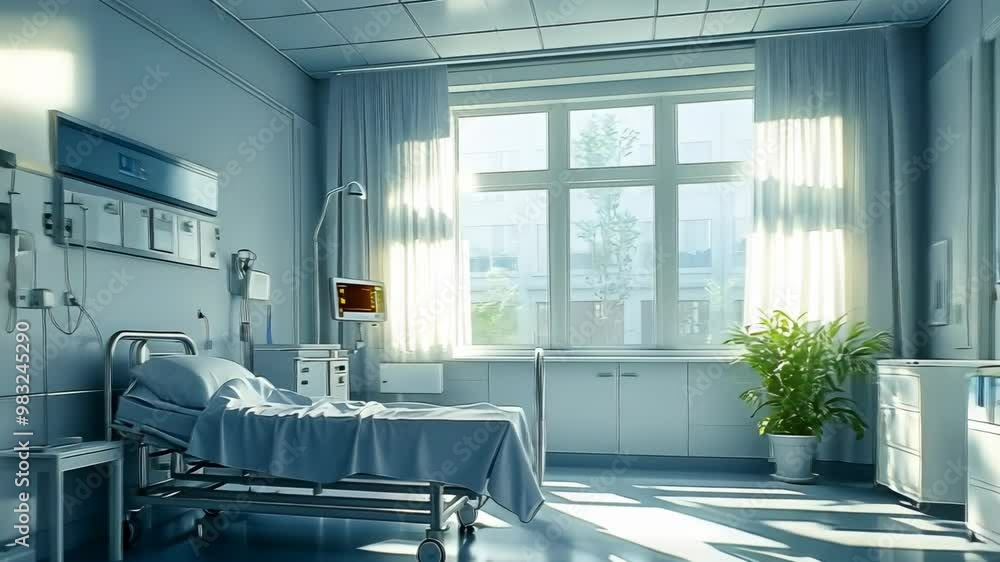 Spacious hospital room, brightly lit by natural light, featuring a bed ...