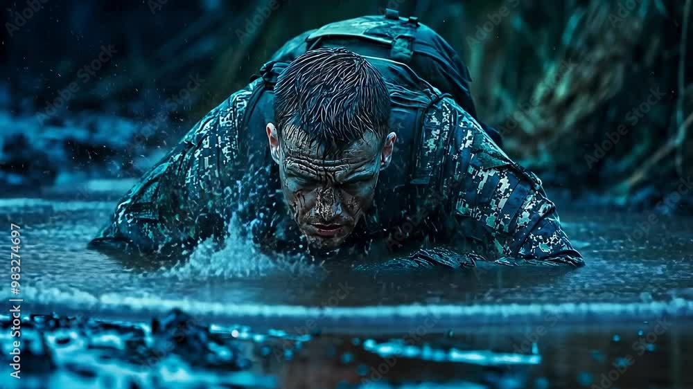 A determined soldier in his 30s, wearing camouflage, crawls through ...