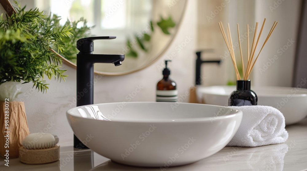 Feature a sleek, modern wash basin with a smooth, white surface. The ...