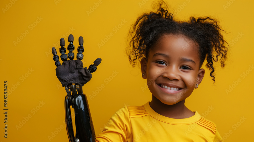 Disabled happy positive black child smiling yello holding up her bionic ...