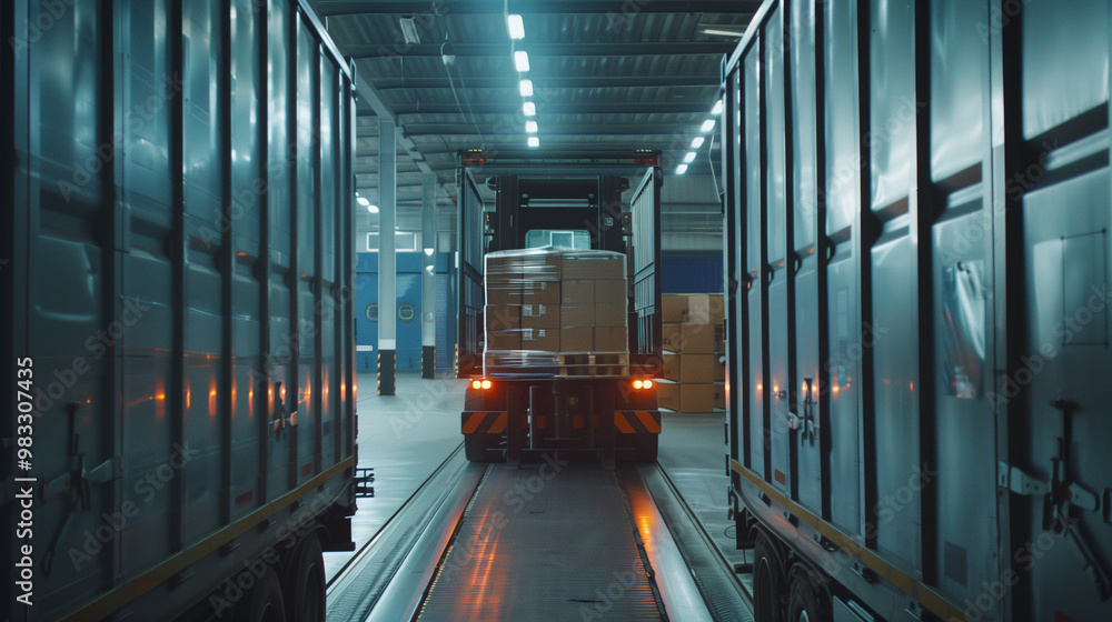 Rear view of a warehouse forklift placing pallets inside a trailer ...