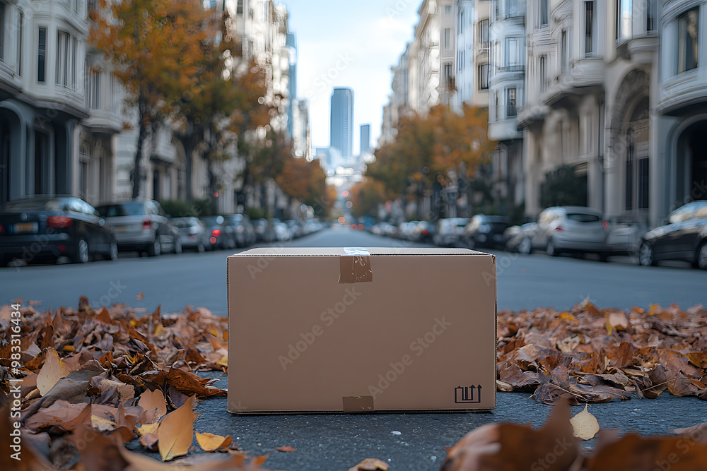 Cardboard Box in Urban Street Setting Depicts Moving, Delivery, and ...