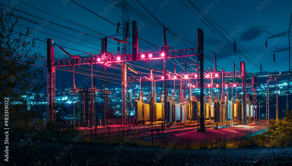 An electrical substation at night, illuminated by bright lights. Power ...