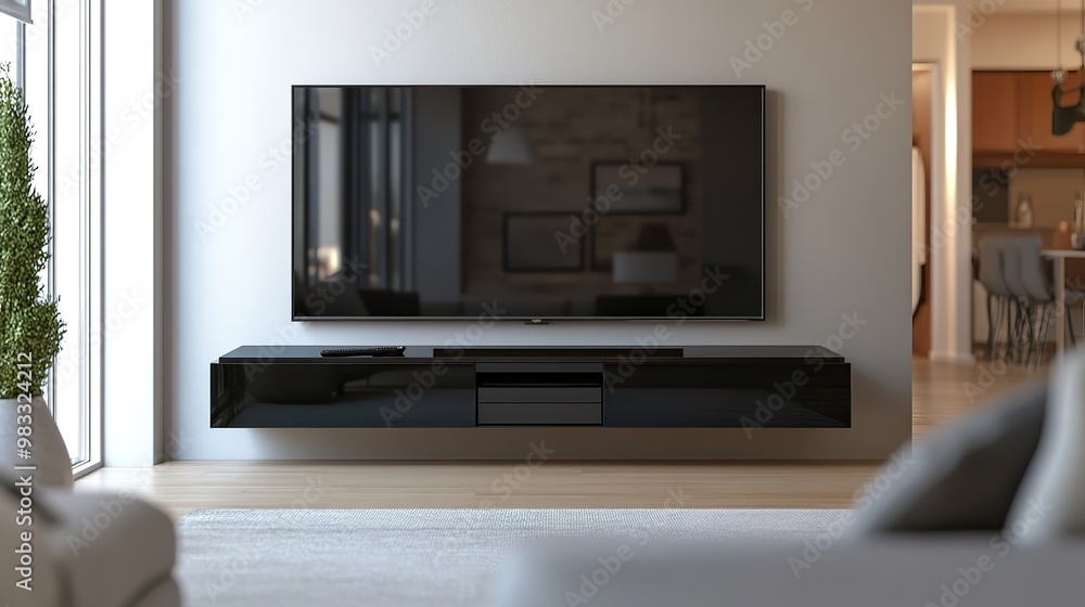 Floating modern TV stand with a hidden drawer system and a glossy ...