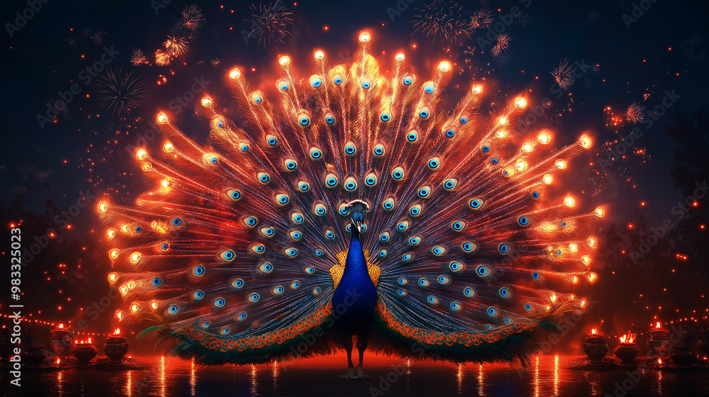 Peacock and Fireworks: A majestic peacock with its feathers spread wide ...