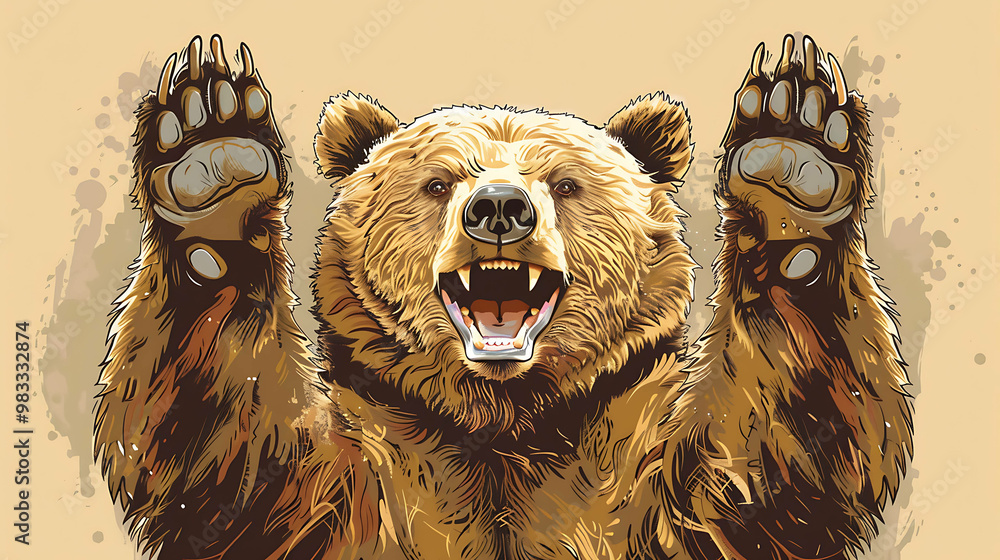 An angry bear with its mouth open and claws out. The bear is ...