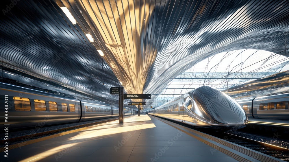 A futuristic train station with an undulating roof made from polished ...