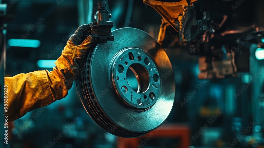 Industrial worker wearing gloves, assembling a disc brake in a ...