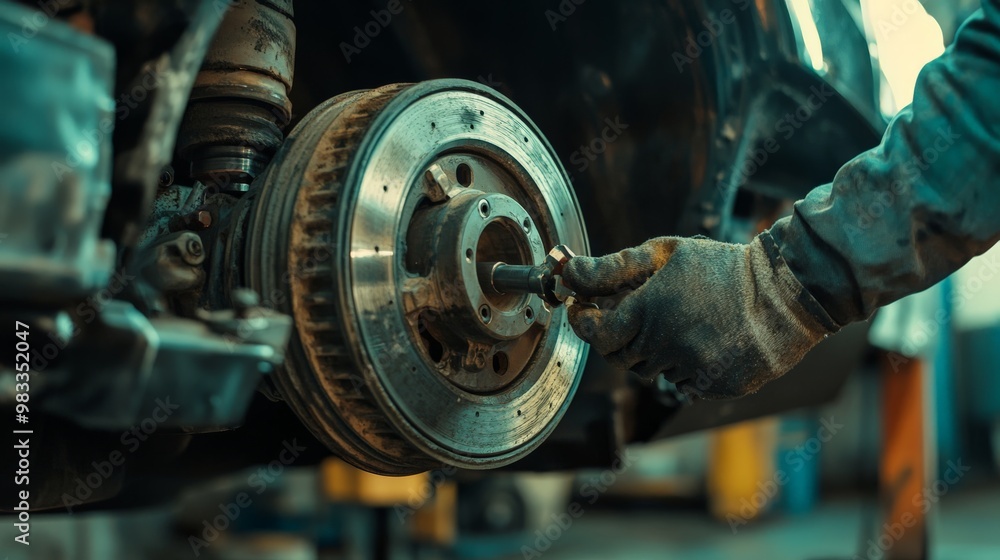 Mechanic working on car brake system in auto repair shop. Close-up view ...