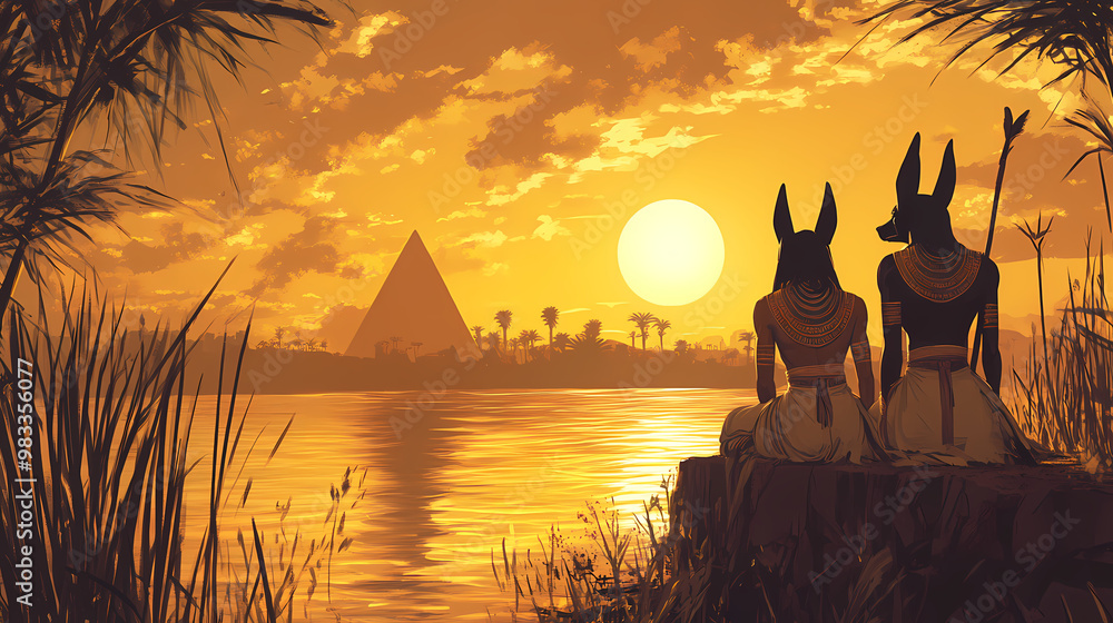 Ancient egyptian gods overlooking the nile, anubis and ra depicted in ...
