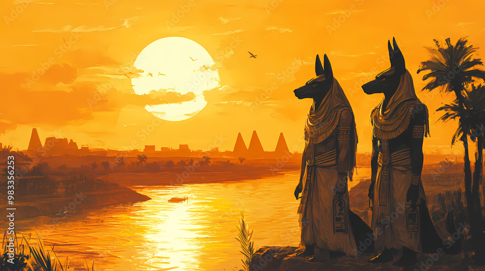 Ancient egyptian gods overlooking the nile, anubis and ra depicted in ...