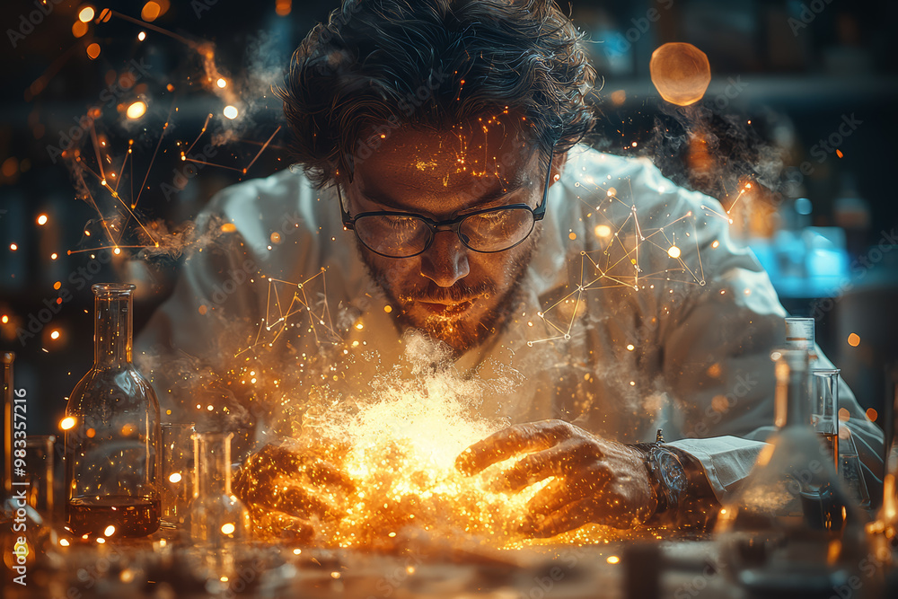 A scientist surrounded by beakers and test tubes, holding a bubbling ...