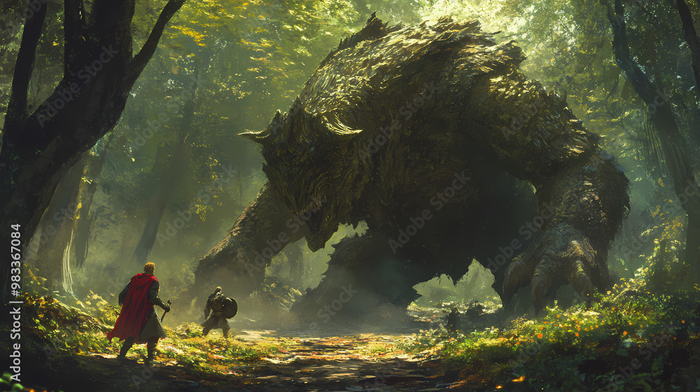Dramatic fantasy setting where a hero fights a colossal scaled beast in ...