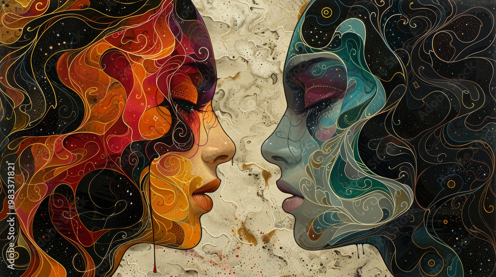 This artwork beautifully captures an intimate moment between two faces ...