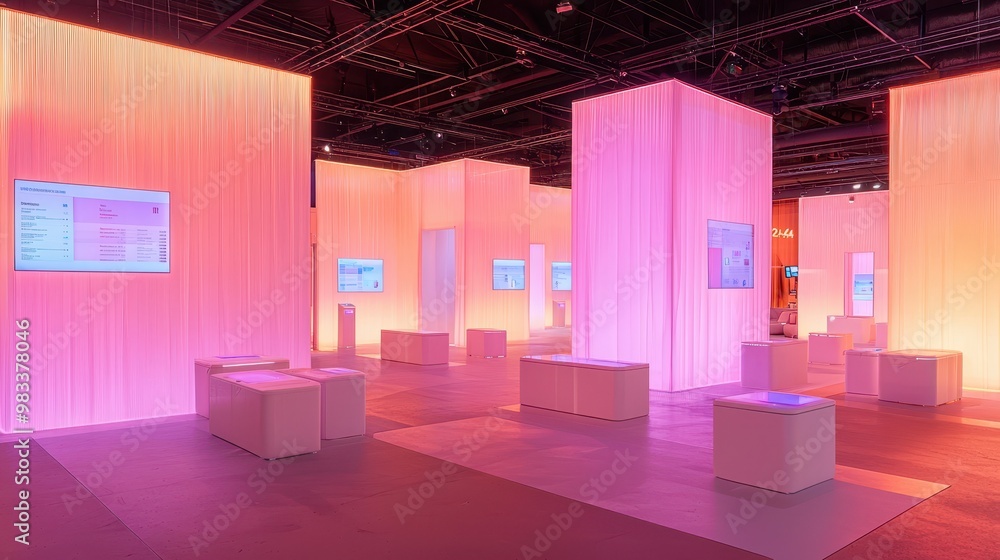 Pink Exhibition Booth with White Platforms and Screens Stock ...