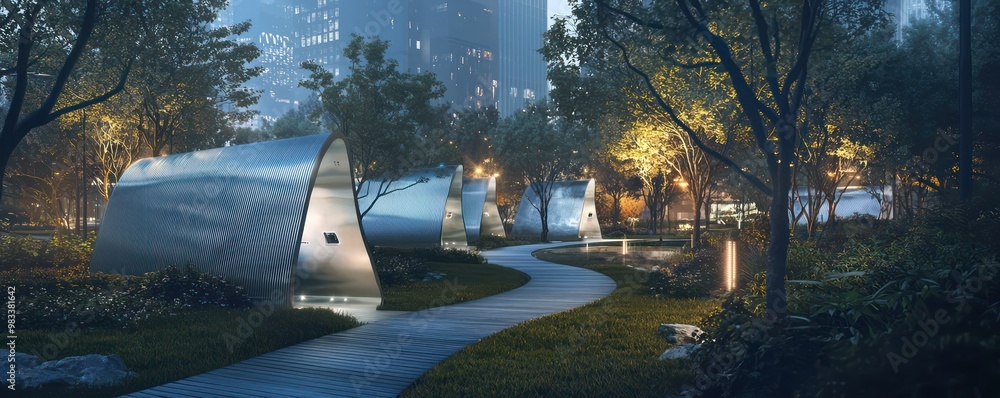 A series of interactive, aluminum siding walkways in a city park ...