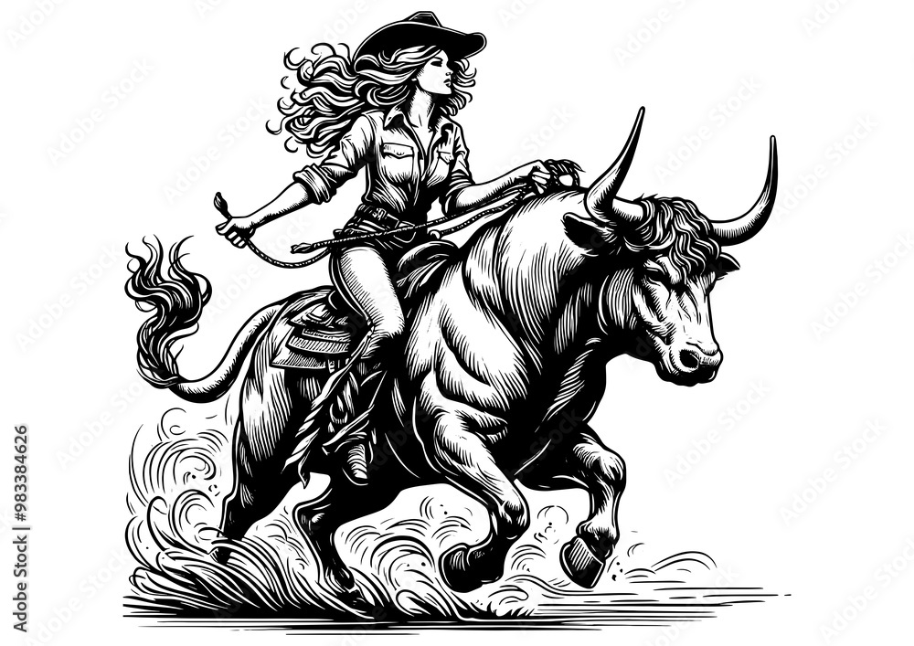 Pin-up woman bull cowgirl in full rodeo action, riding bull with a ...