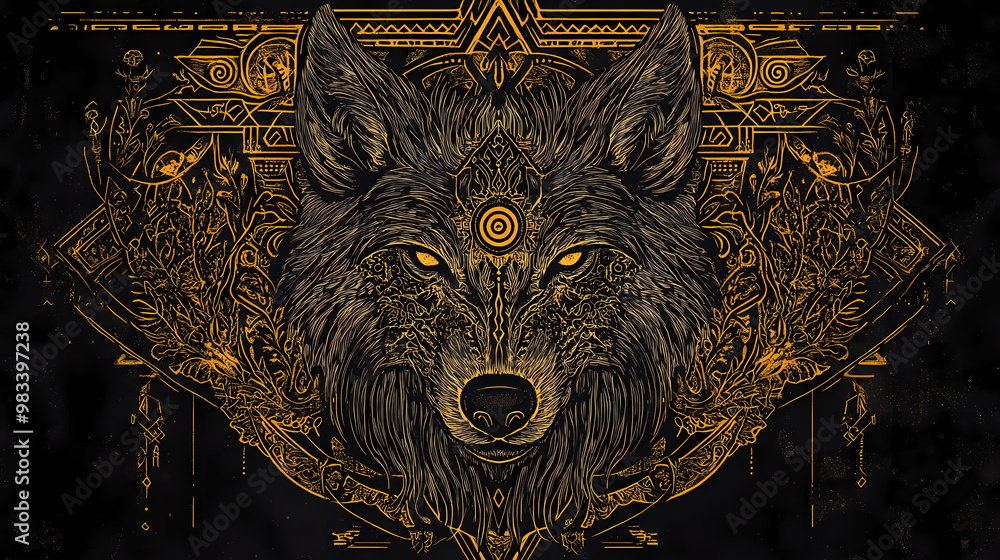 Fenrir the viking wolf god in black and gold line art style showcases ...