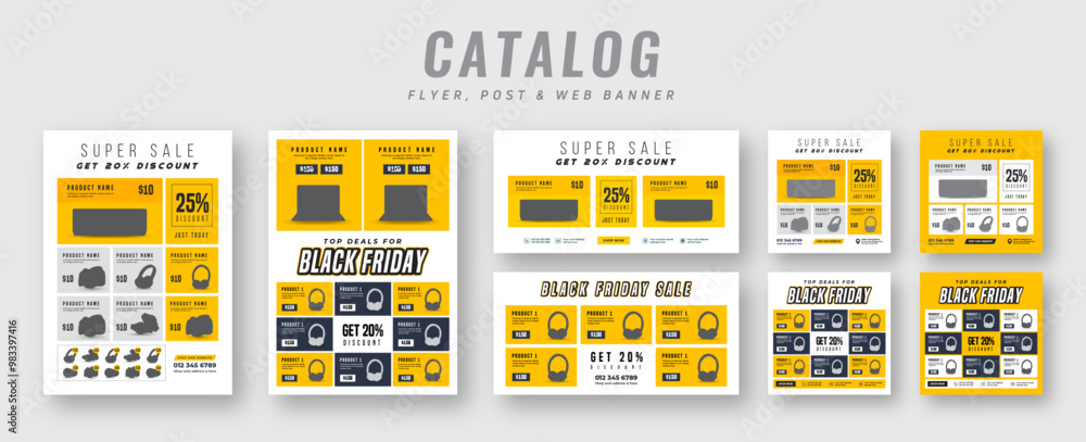 Supermarket product sale catalog flyer with social media post set ...