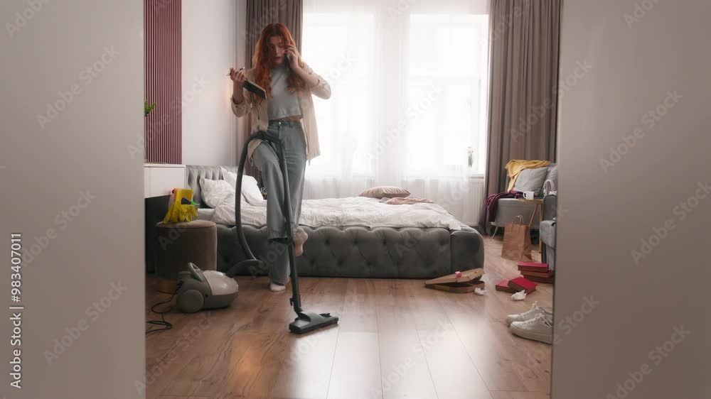 Home cleaning multitasking busy hurry woman lady female housewife ...