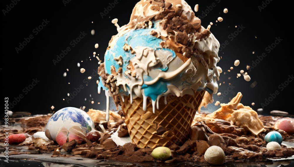 An explosion of flavors as a melting ice cream cone holds a scoop ...