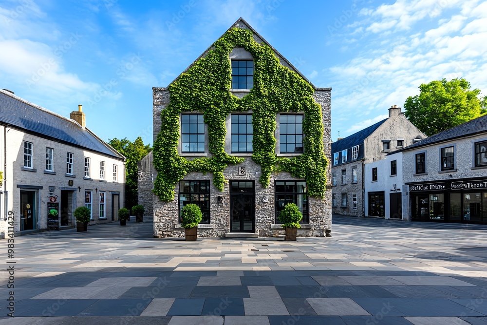 Grey brick building, old and covered in ivy, standing in the middle of ...