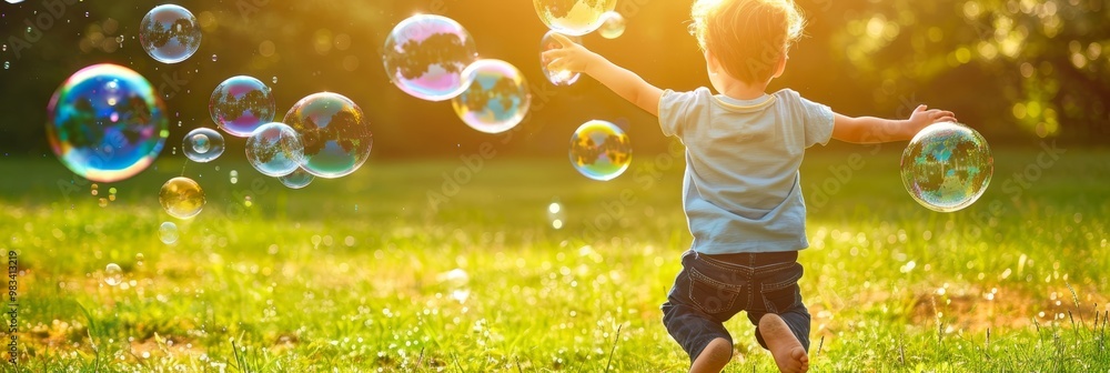 Carefree Childhood Joy Young Child Chasing Rainbow Soap Bubbles in a ...