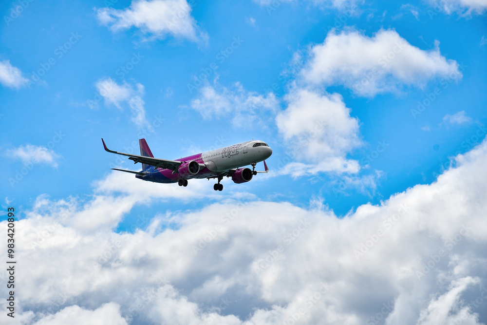 Side view of the aircraft (Airbus A320) approaching the runway at Ohrid ...
