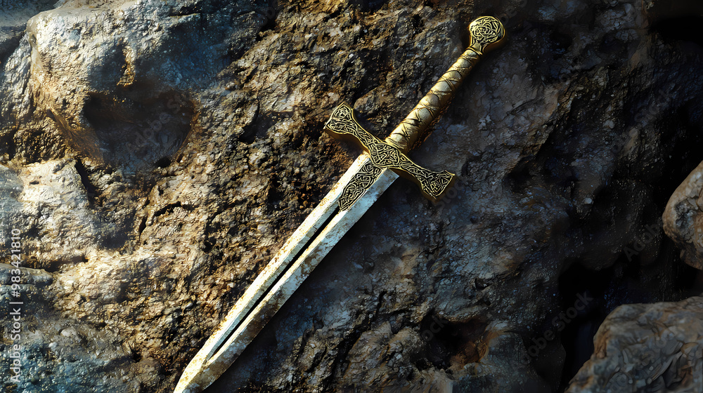 Sword embedded in a rock, akin to the legendary excalibur sword of king ...