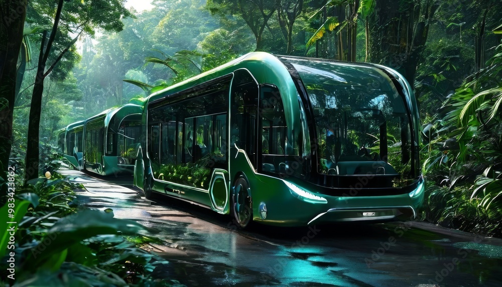 Sleek electric buses glide through a lush tropical forest, highlighting ...