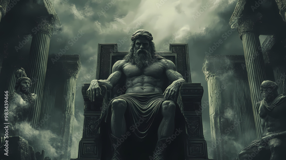 Zeus sits on his throne in a pantheon of the gods. Olympian Pantheon. Illustration Stock ...