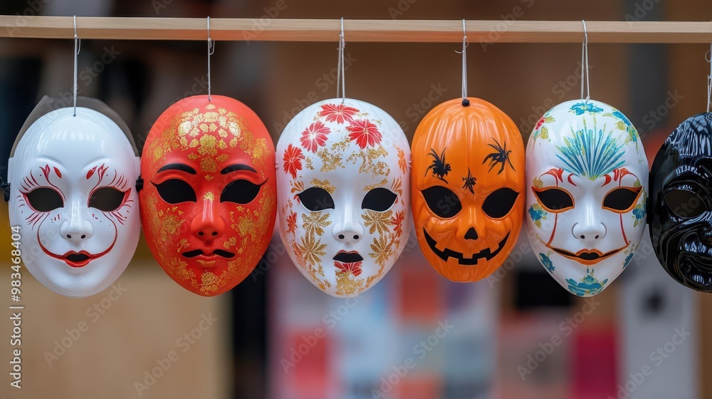 Traditional Japanese masks and Halloween masks hung together at an Obon ...