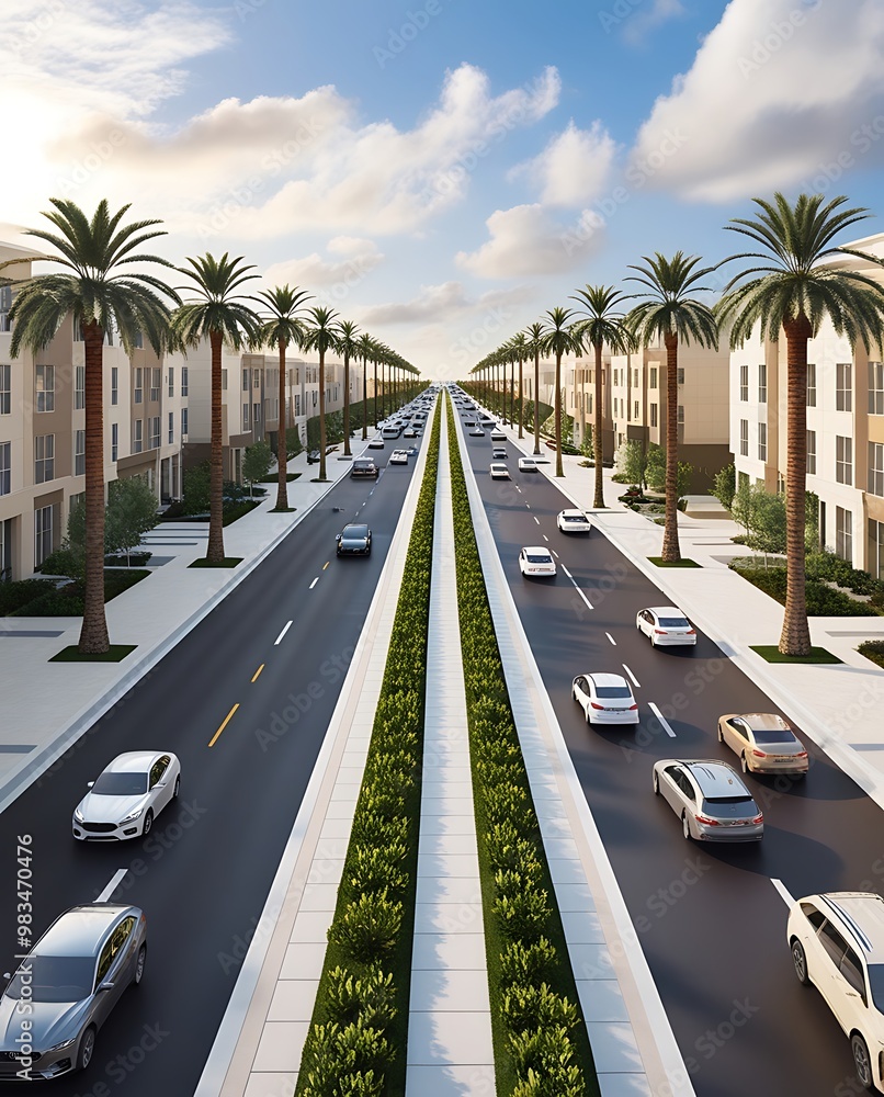 Foto de A wide street in Riyadh, Saudi Arabia, full of trees and cars ...