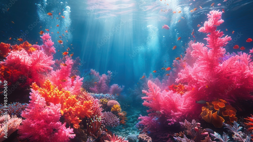 Beautiful tropical coral reef illuminated by sunlight, with a vibrant ...