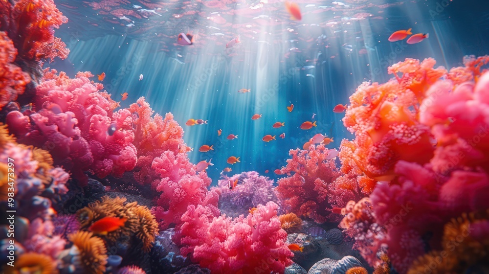 Beautiful tropical coral reef illuminated by sunlight, with a vibrant ...