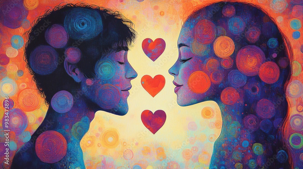 Silhouettes of two people face each other with three hearts in between ...