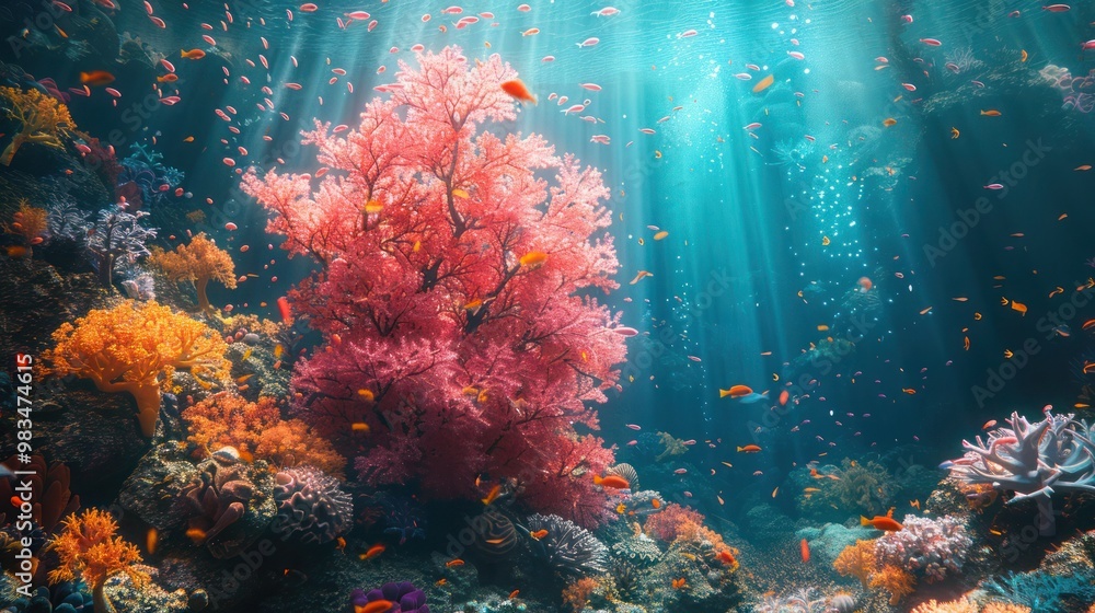 Beautiful tropical coral reef illuminated by sunlight, with a vibrant ...