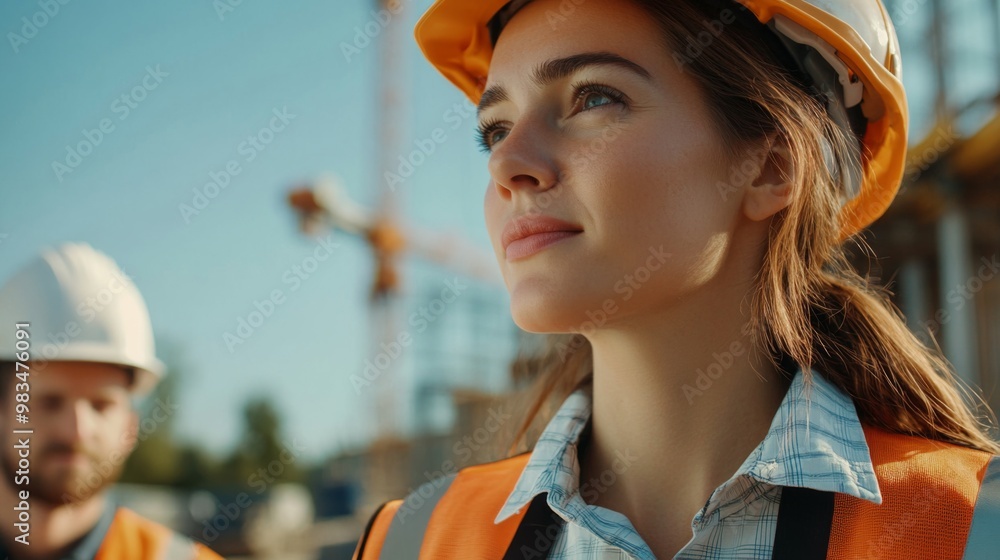Female Construction Worker Looking Up With a Serious Expression Stock ...