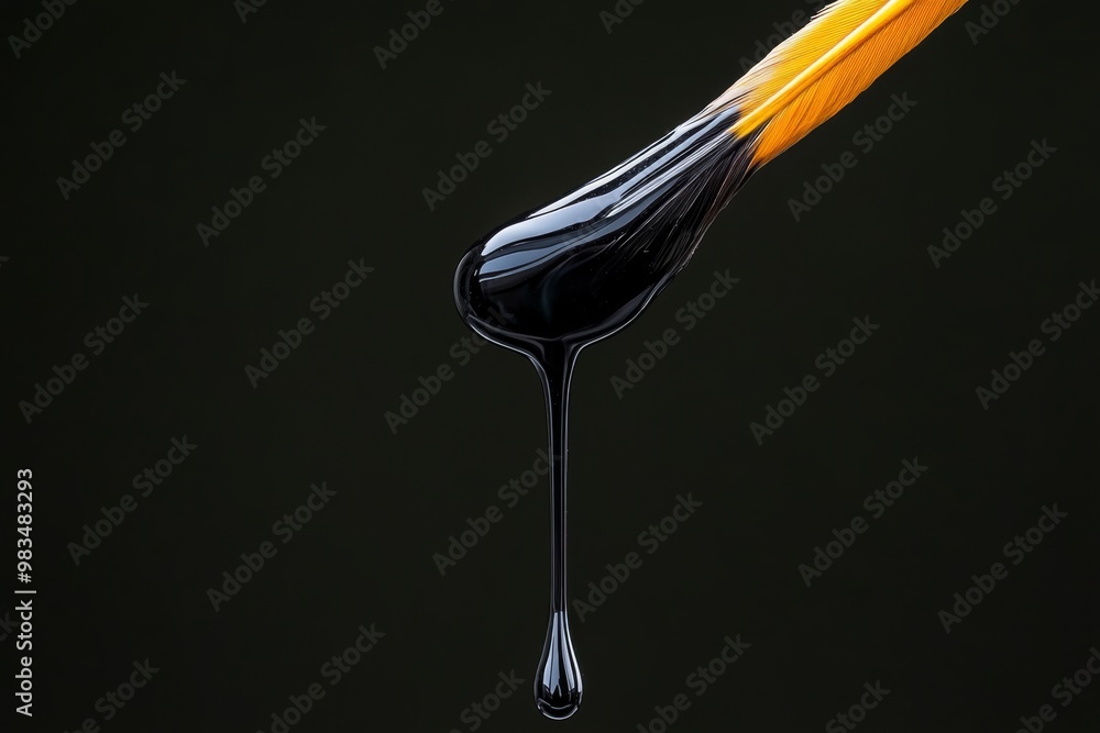 Ink dripping from a quill, forming the first letter of a word ...