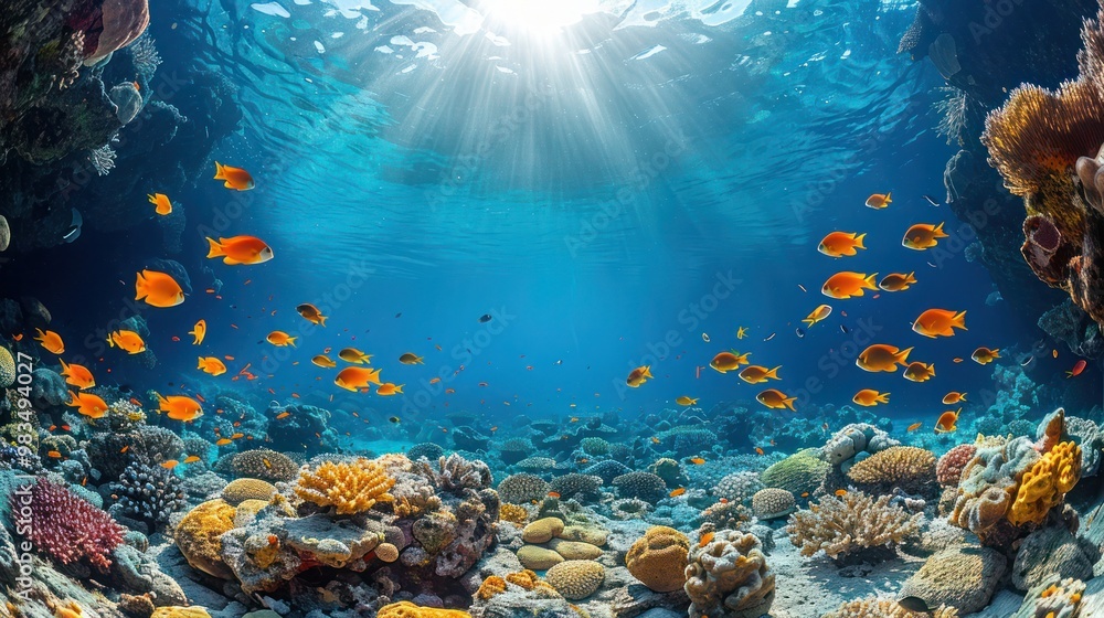 Beautiful tropical coral reef teeming with a vibrant shoal of coral ...