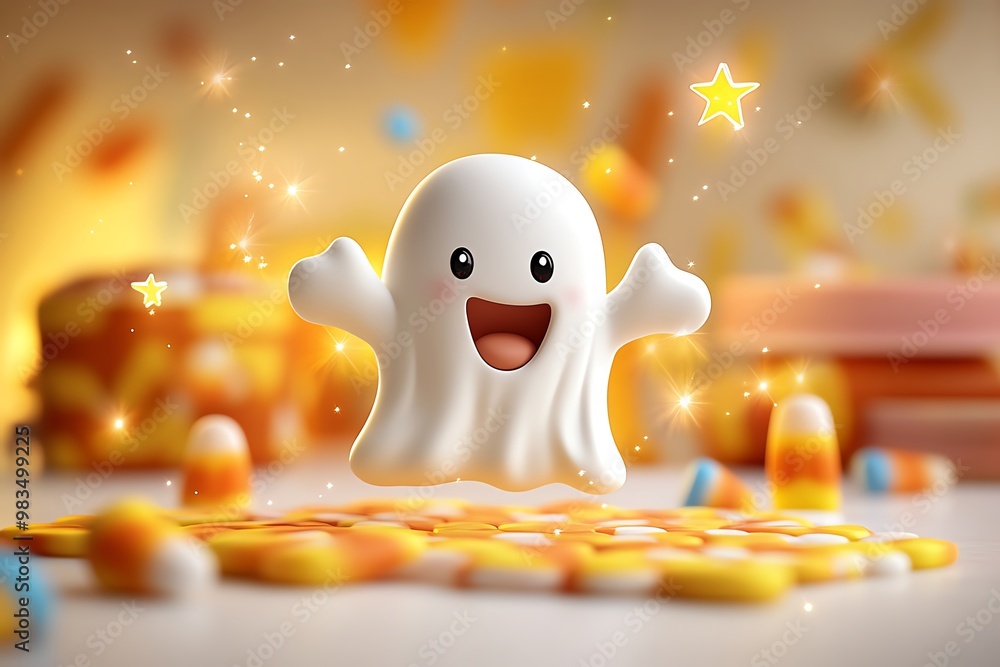 Spoopy candy corn dancing around a smiling ghost, with sparkles and ...
