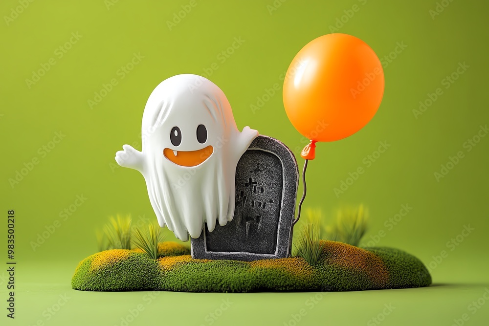 Spoopy gravestone with a cute ghost popping out, holding a balloon in ...