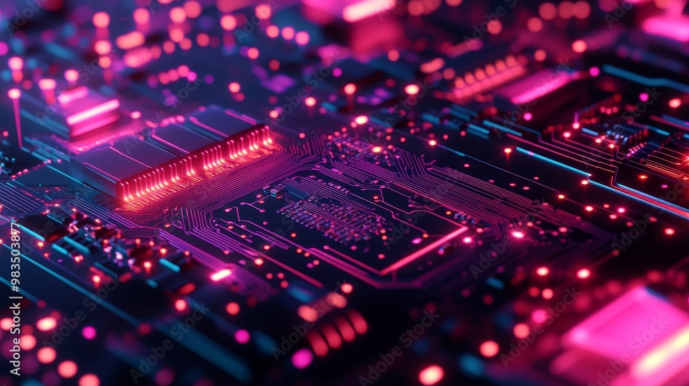 3D rendering of cyberpunk AI featuring intricate circuit board design, showcasing central ...