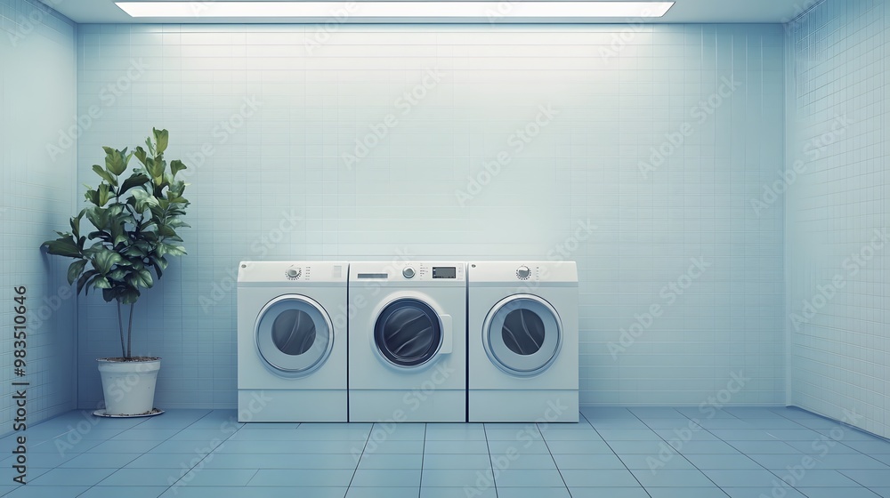washing machines in a clean utility laundry room or washing service ...